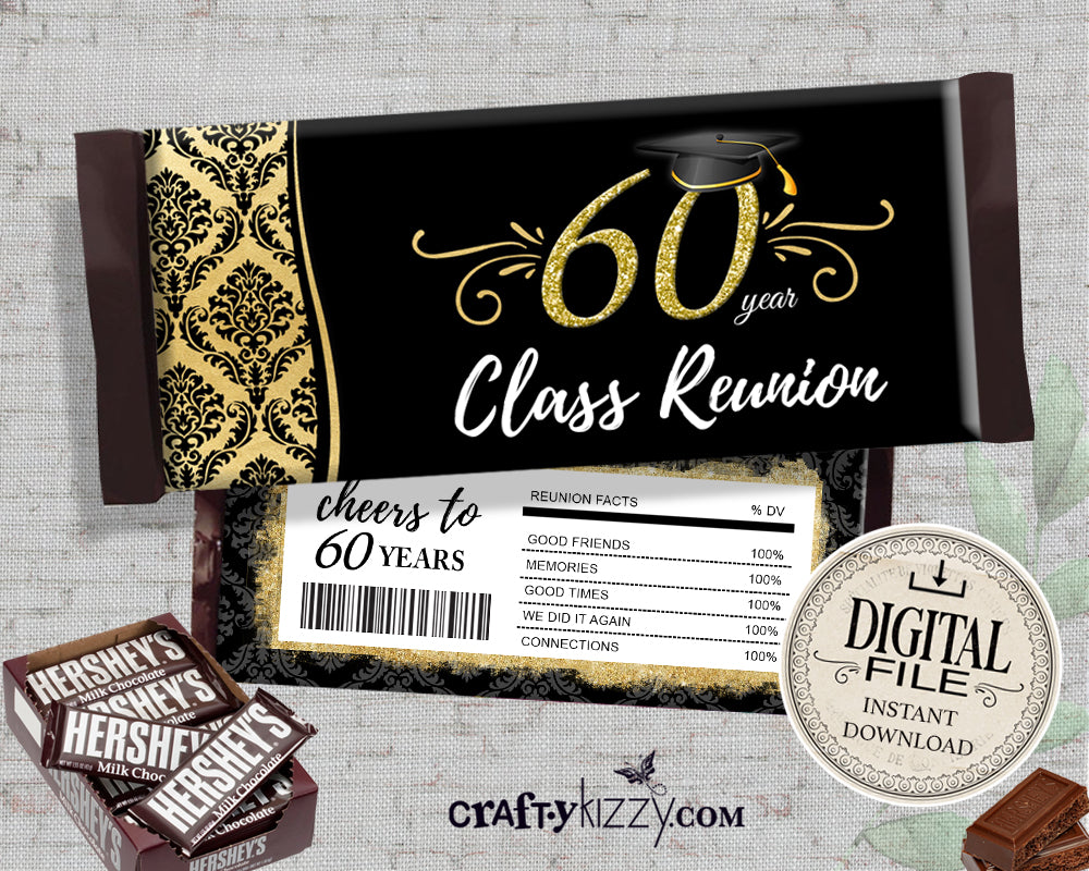 60 Year Class Reunion Party Favors - 60 Year Chocolate Bar Wrappers ...