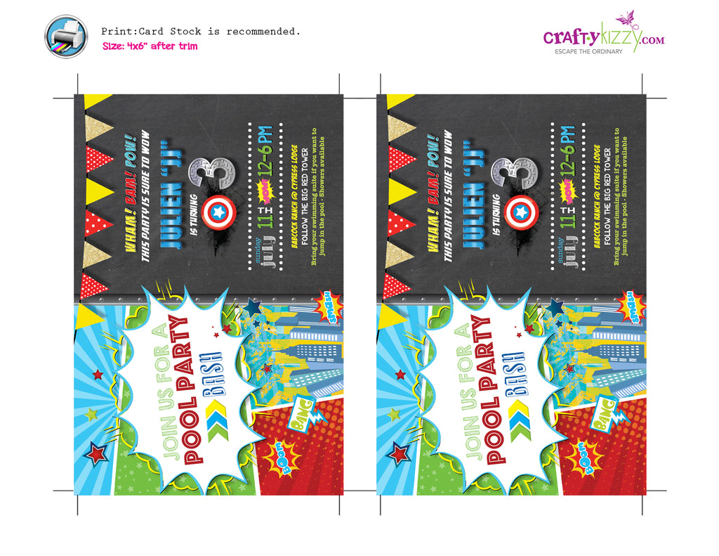Superhero Pool Party Boy Birthday Invitations - Comic Style – CraftyKizzy