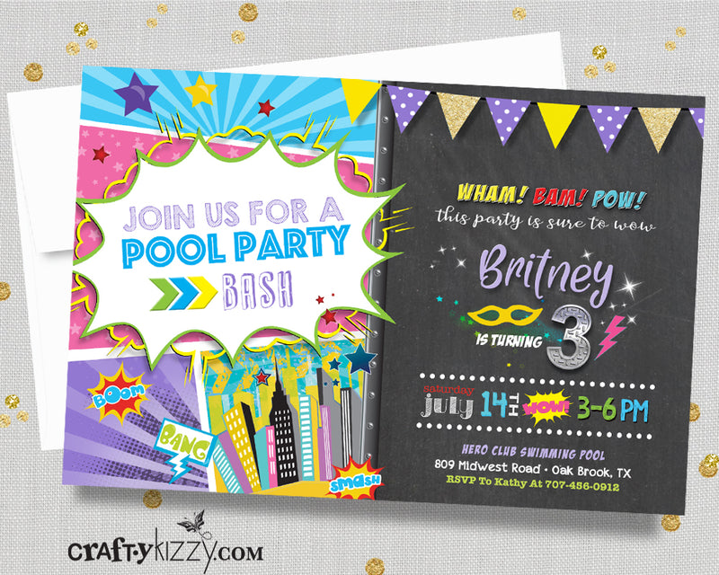 Superhero Pool Party Boy Birthday Invitations - Comic Style – CraftyKizzy