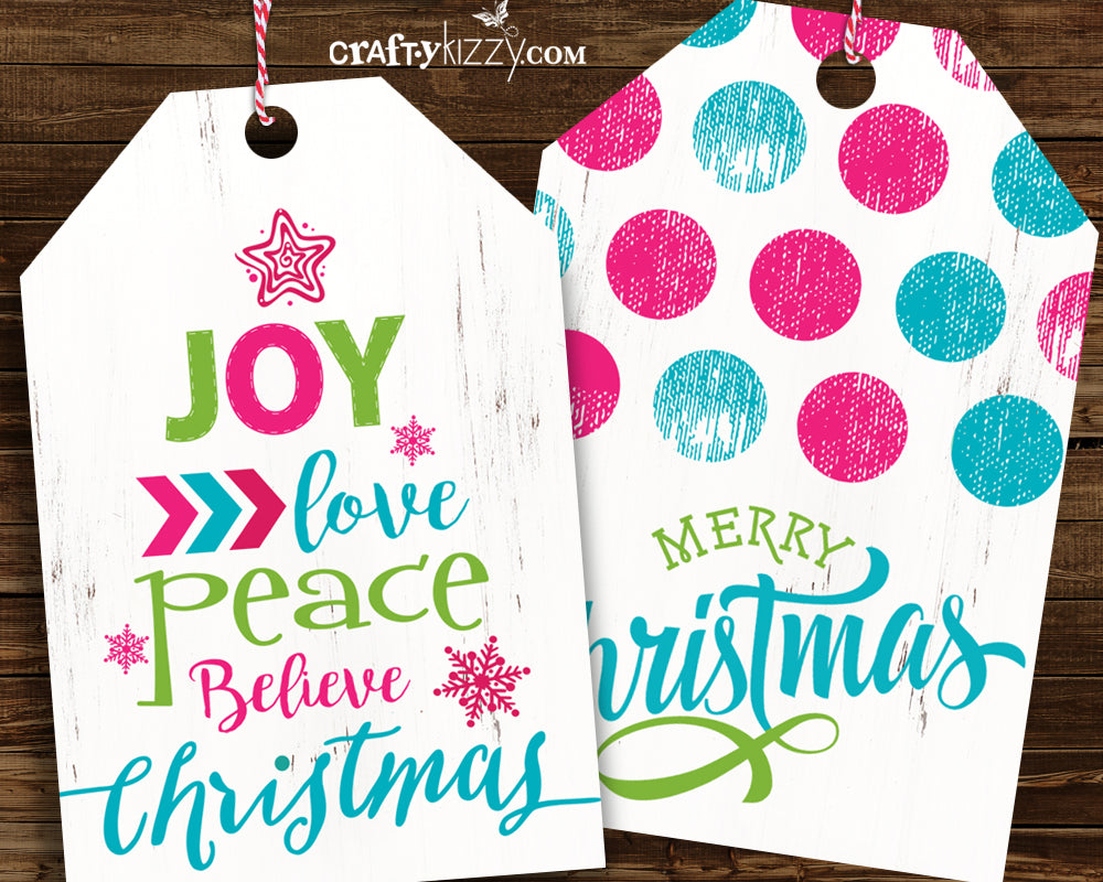 Joy and Love Christmas Gift Tags - Bright Pink Blue Holiday Tags - Bel ...