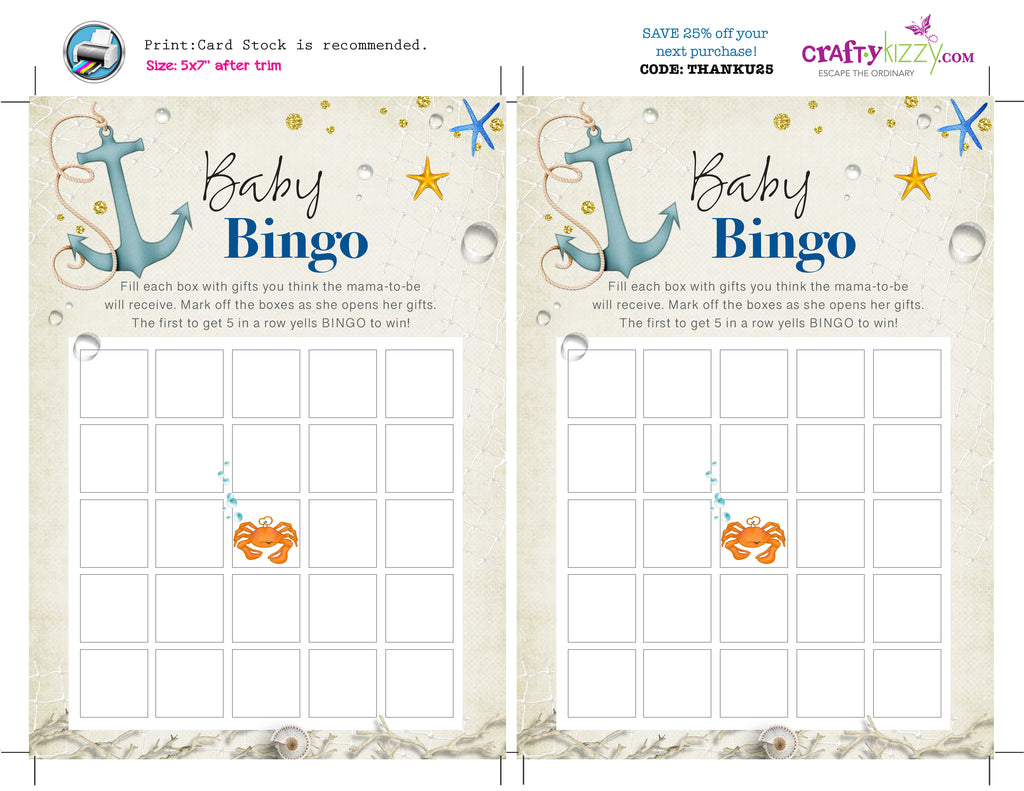 Nautical Baby Shower Bingo Cards - Gender Neutral Baby Shower Game ...